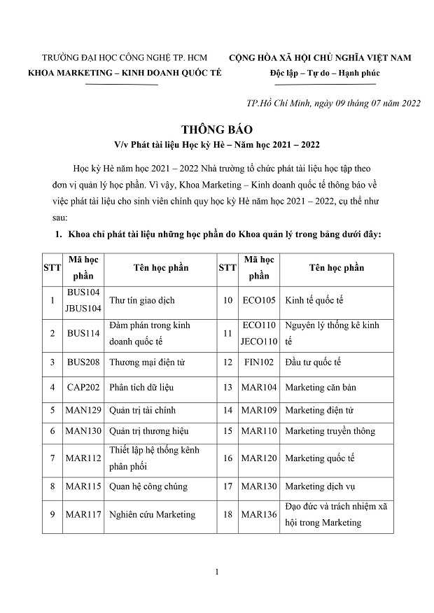 [THÔNG BÁO] Phát tài liệu học tập Học kỳ Hè - Năm học 2021 - 2022 ...